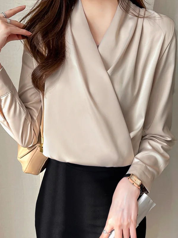 V-Neck Long Sleeves Loose Buttoned Solid Color Blouses & Shirts