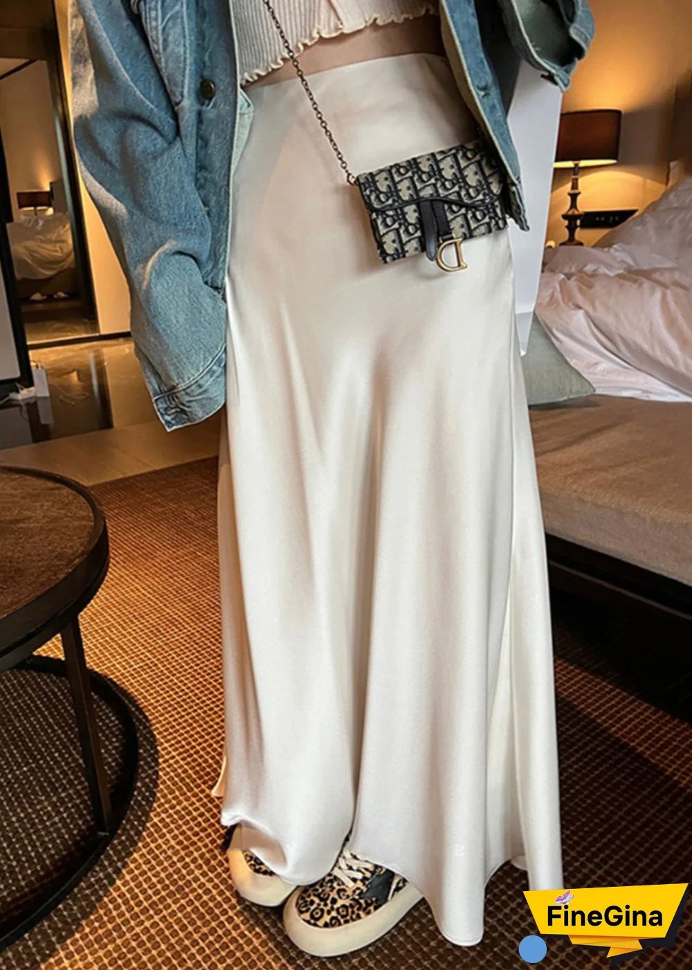 FineGina New Beige Wrinkled Shigh Waist Patchwork Silk Skirt Fall