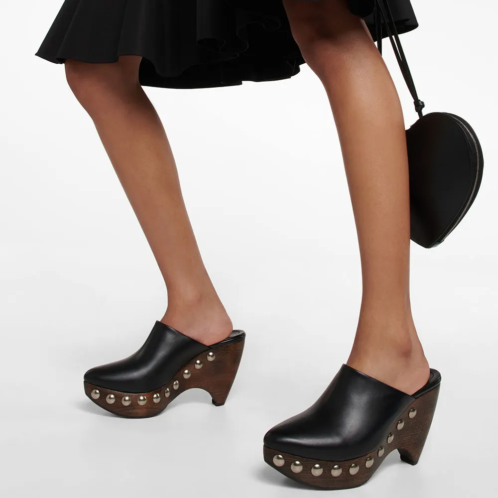 Black Vegan Leather Closed Round Toe Studded Platform Mules With Wedged ...