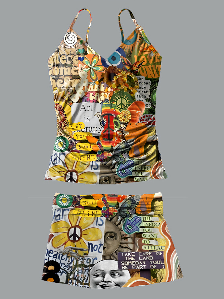 V-Neck Vintage Hippie Peace Flower Art Print Suspender Skirt Tankini ...