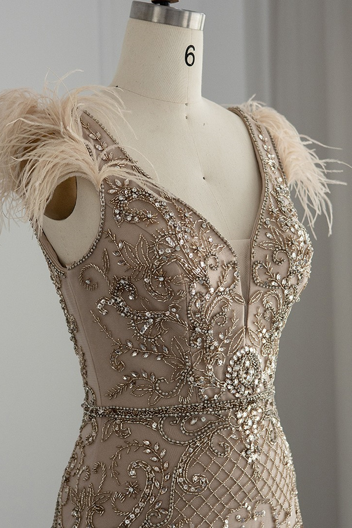 Daisda Luxury V Neck Mermaid Evening Dress Sheath With Feathers Appliques