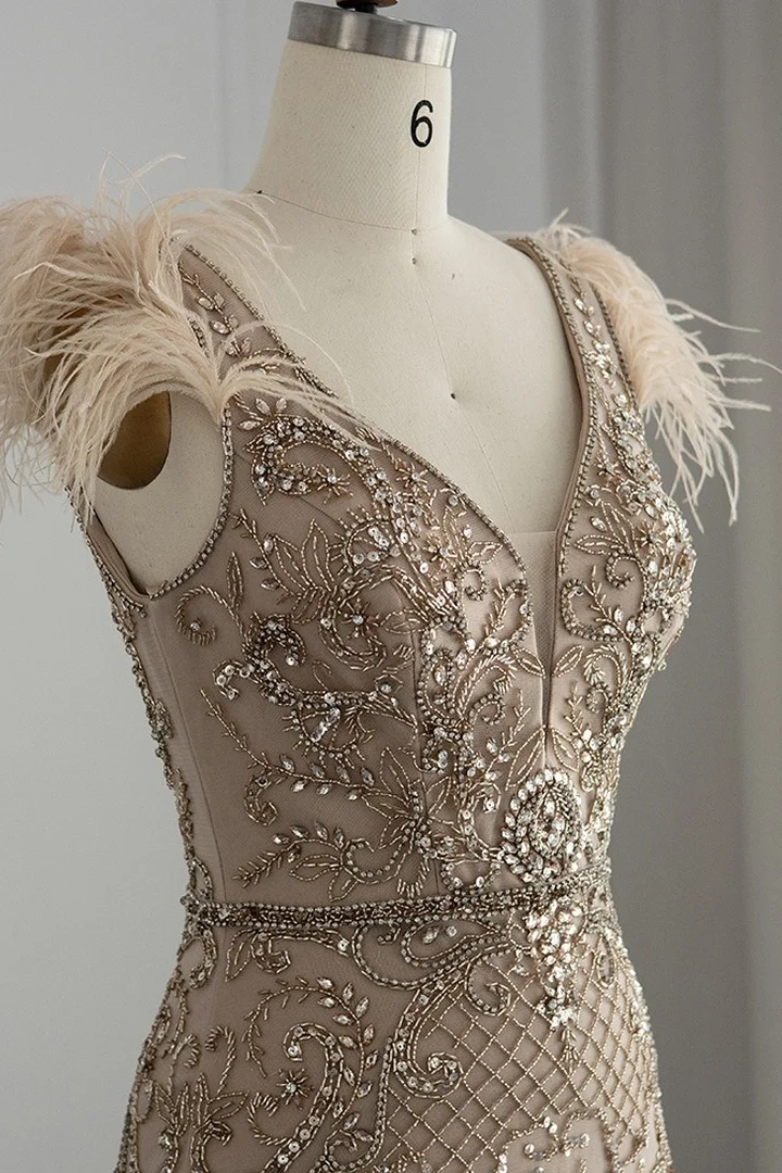 Daisda Luxury V Neck Mermaid Evening Dress Sheath With Feathers Appliques