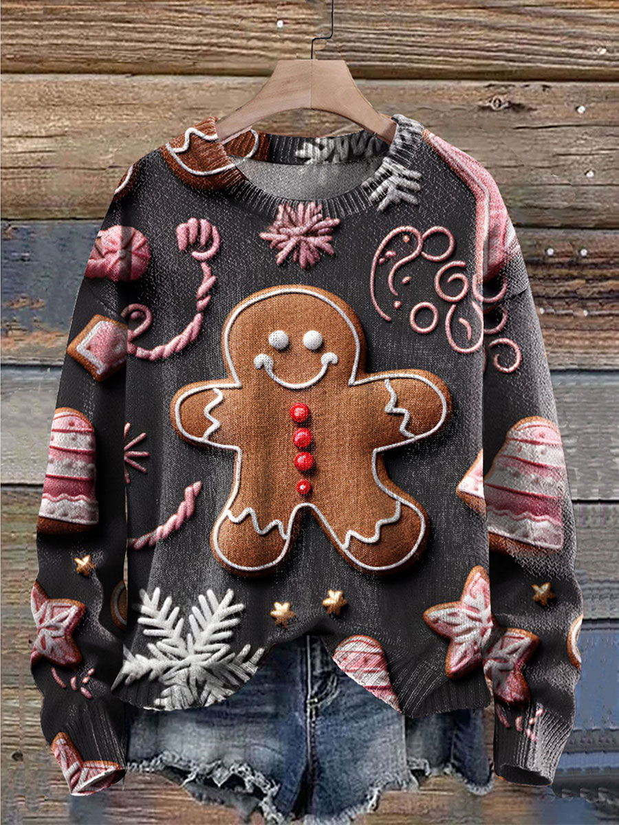 Christmas Gingerbread Man Print Knit Pullover Sweater