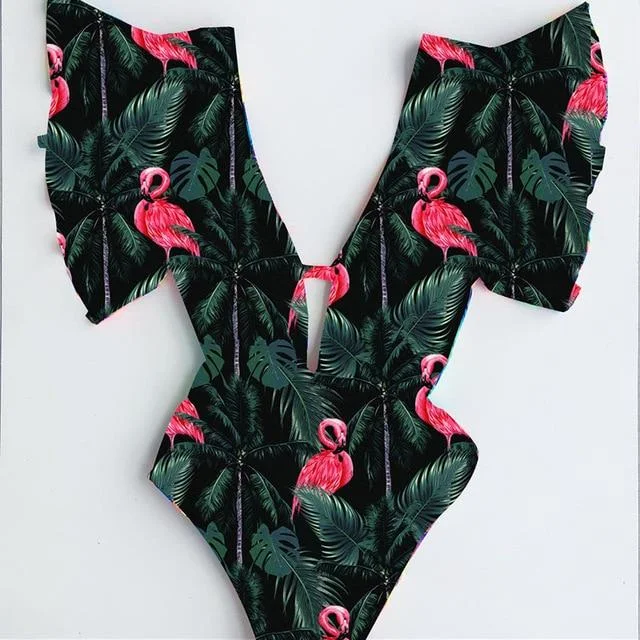 Sexy One Piece Swimwear Floral Deep-V Bathing Suit