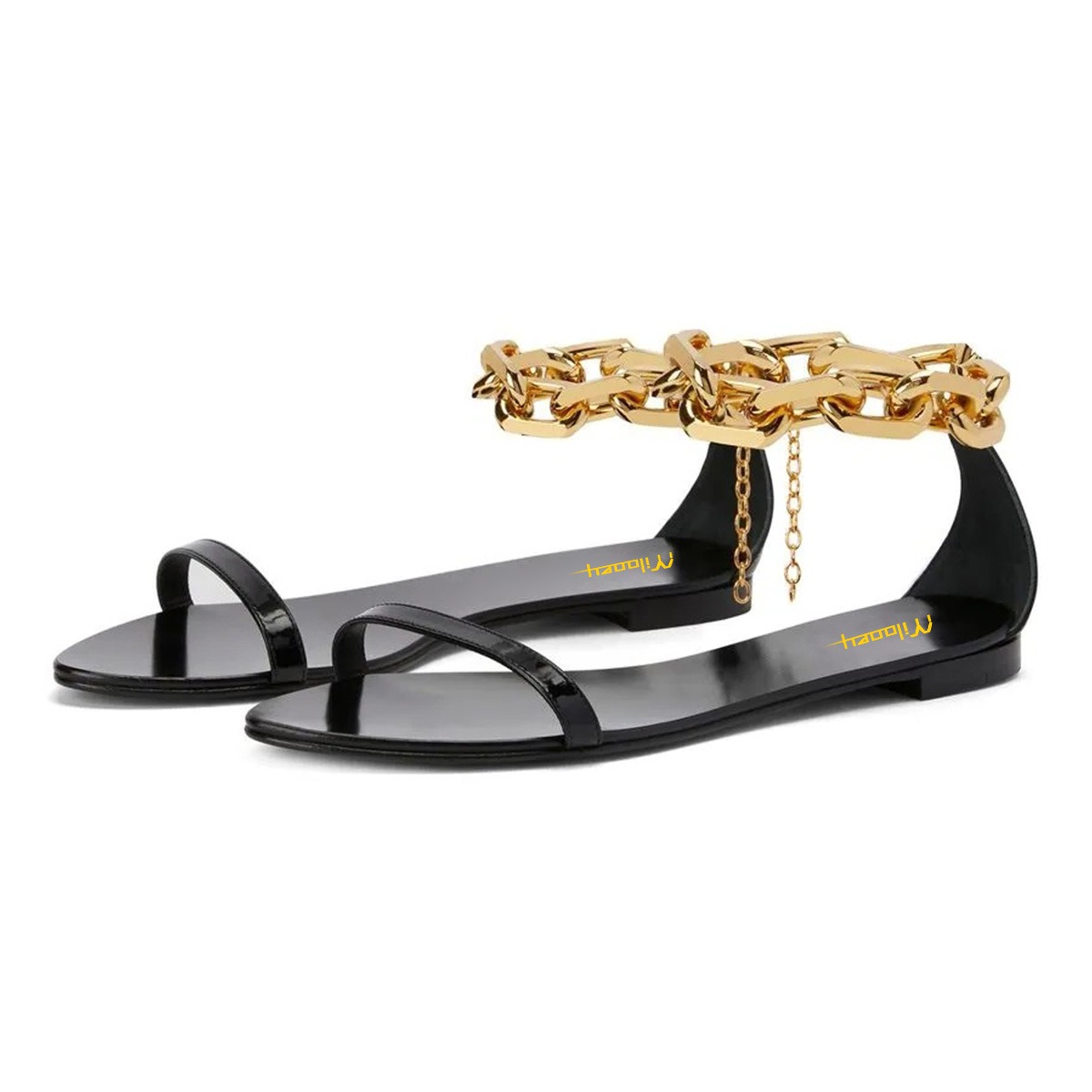 Black Patent Leather Open Round Toe Chain Flat Women Sandals