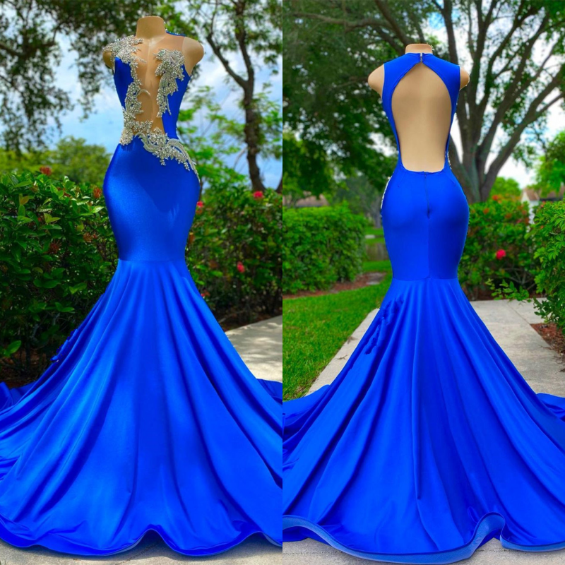 Royal Blue Mermaid Prom Dress Sleeveless Sexy Cut Out Appliques YL0101