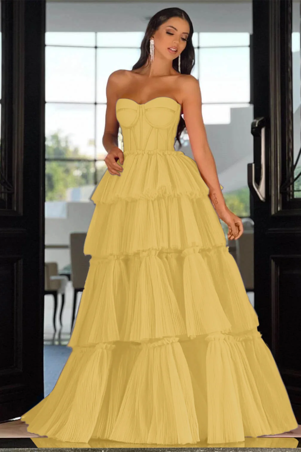 Daisda Elegant Sweetheart Prom Dress Long Sleeveless Layers Hot Pink