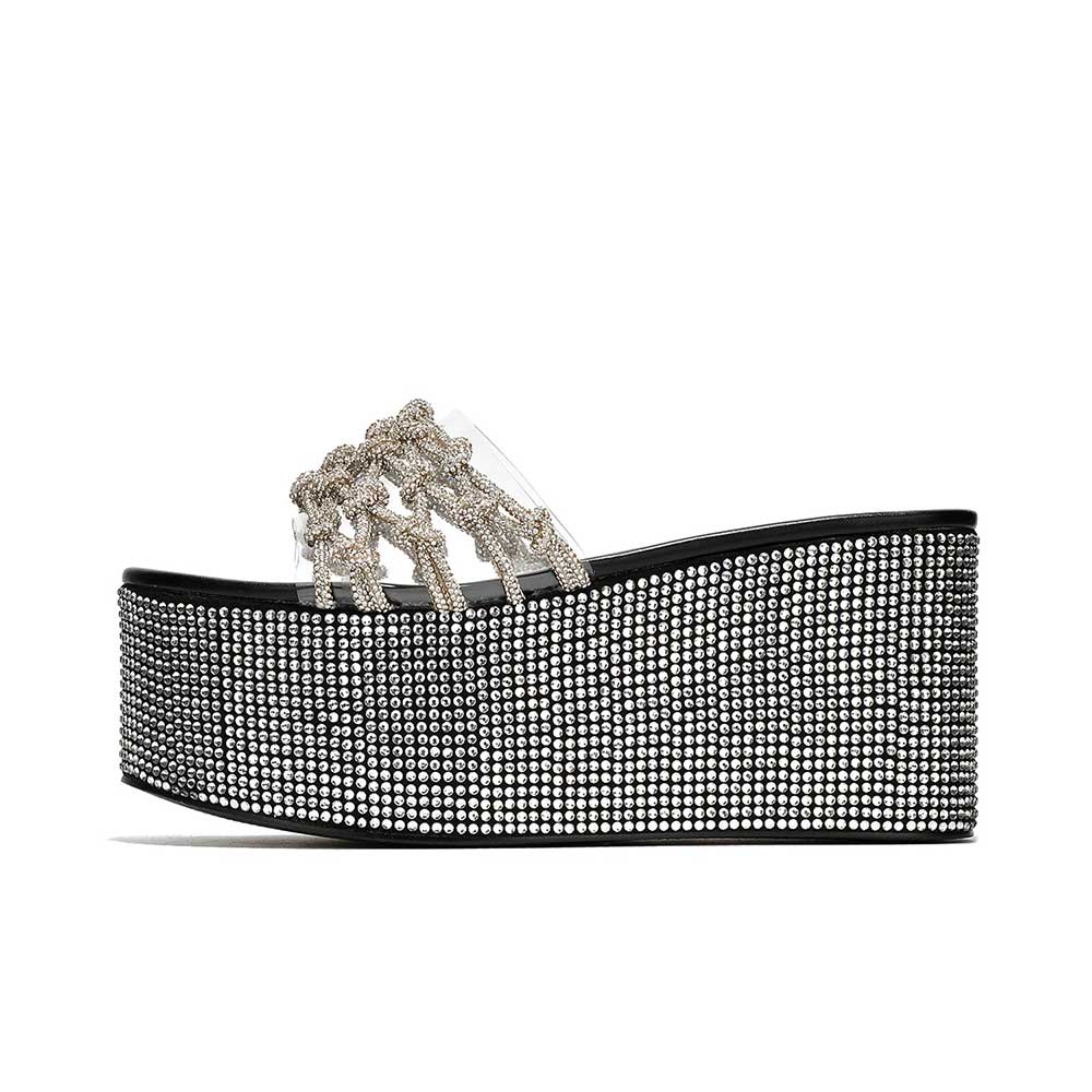 Black Platform Heels Rhinestone Rope Knot Wedge Slide Sandals