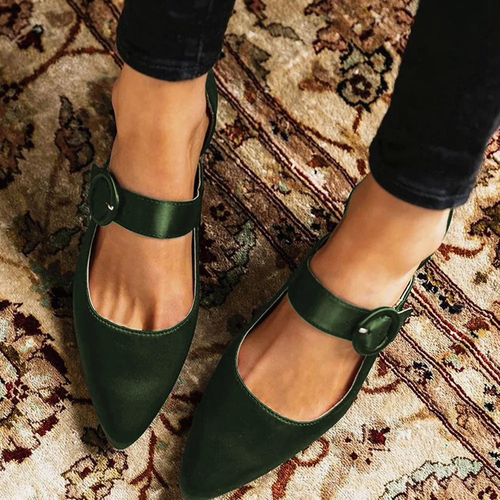 Green Satin Pointed Toe Chunky Heel Cut Out Mary Jane Pumps