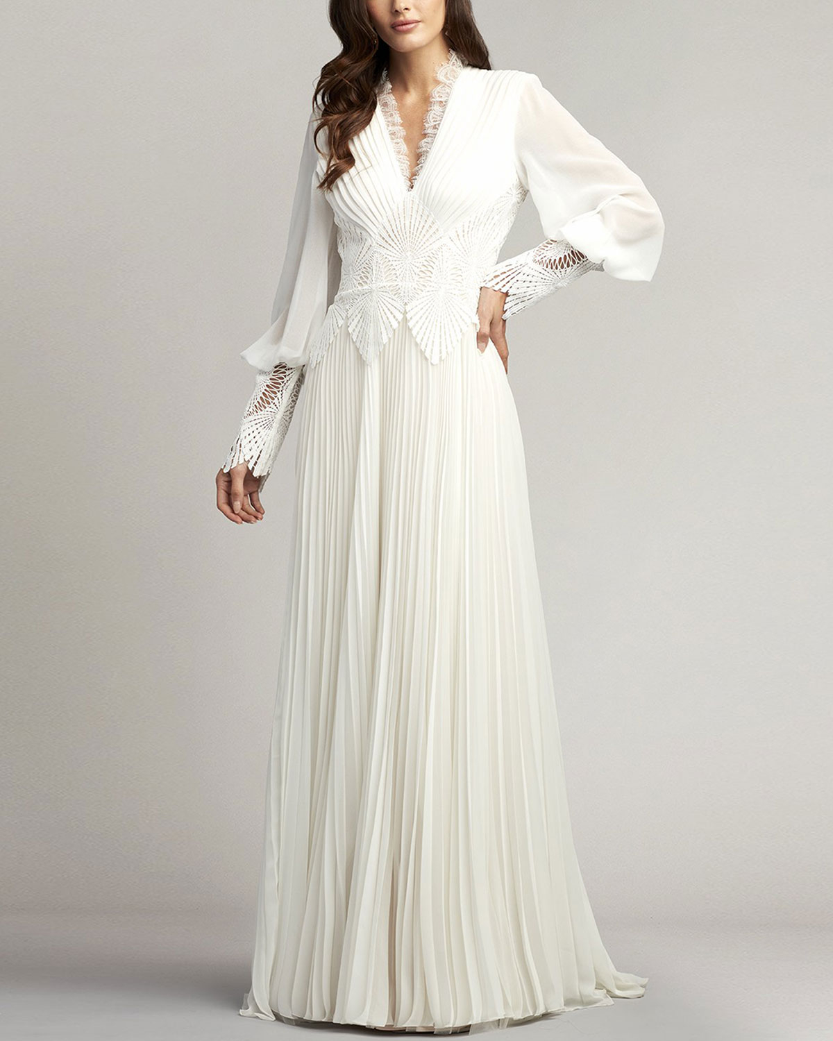 Pleated Chiffon & Lace Gown