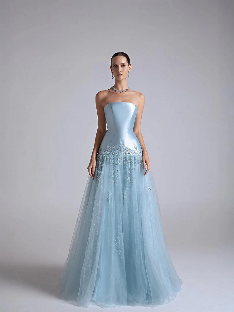 Baby Blue Satin And Tulle Strapless Sleeveless Long Pleated A-Line Prom ...