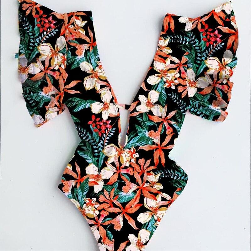 Sexy One Piece Swimwear Floral Deep-V Bathing Suit
