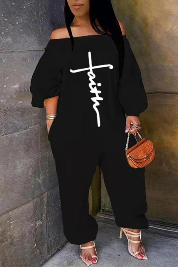 Embroidery Off Shoulder Pocket Baggy Jumpsuit