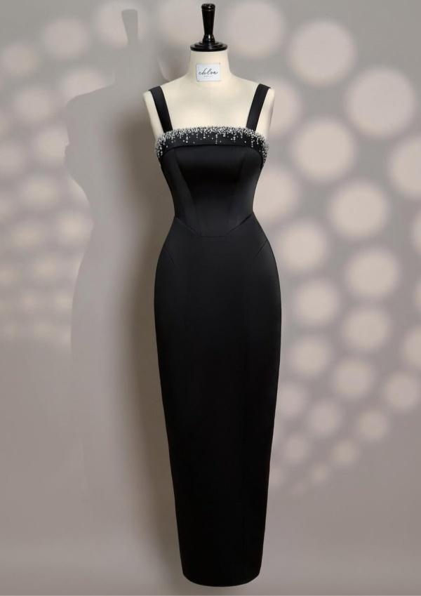 Miabel Black Split Beaded Slim Fit Evening Dress