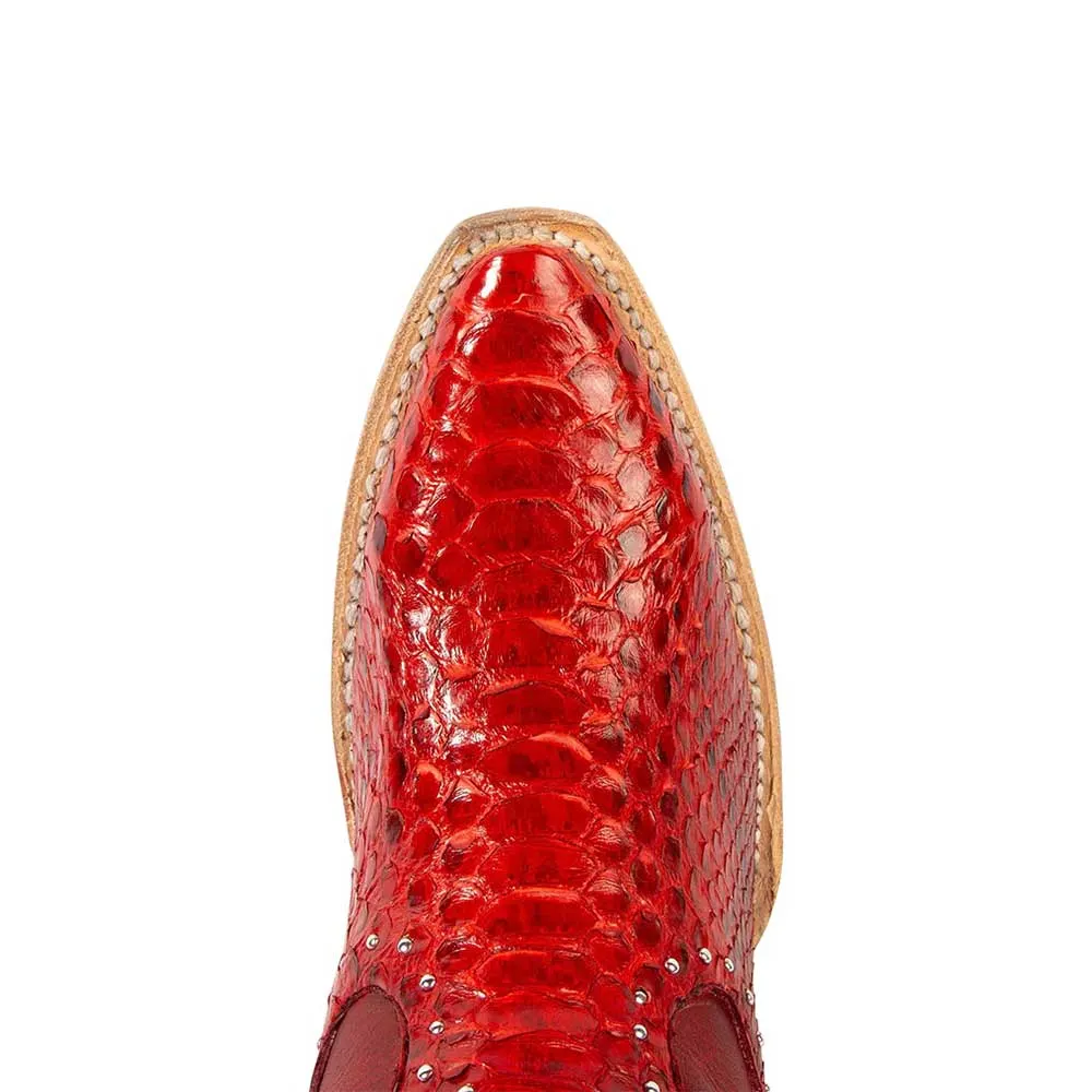 Red Snip Toe Chunky Heel Snake Embossed Western Boots for Women