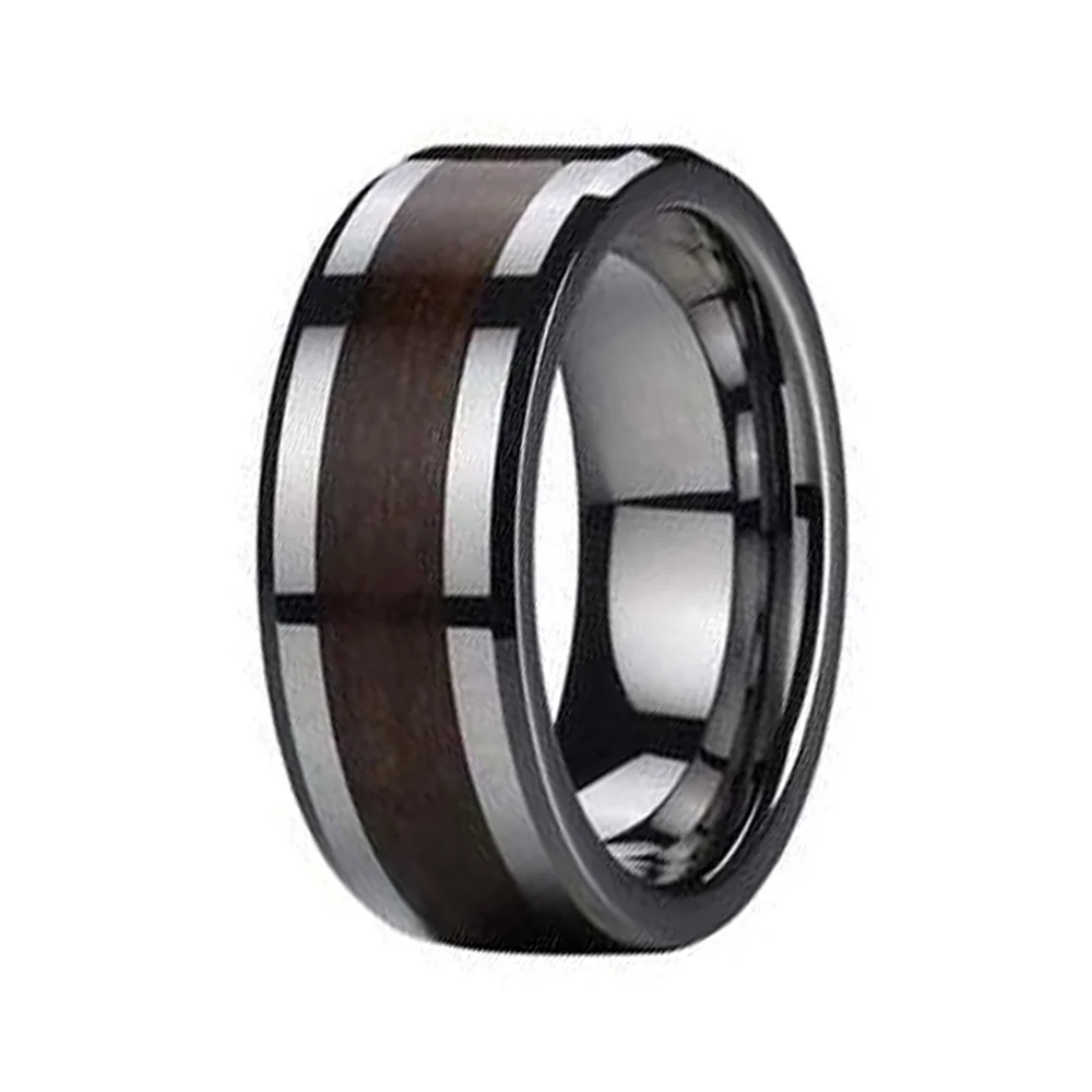8MM Wood Inlay Flat Tungsten Carbide Ring Polished Finish Men Wedding ...