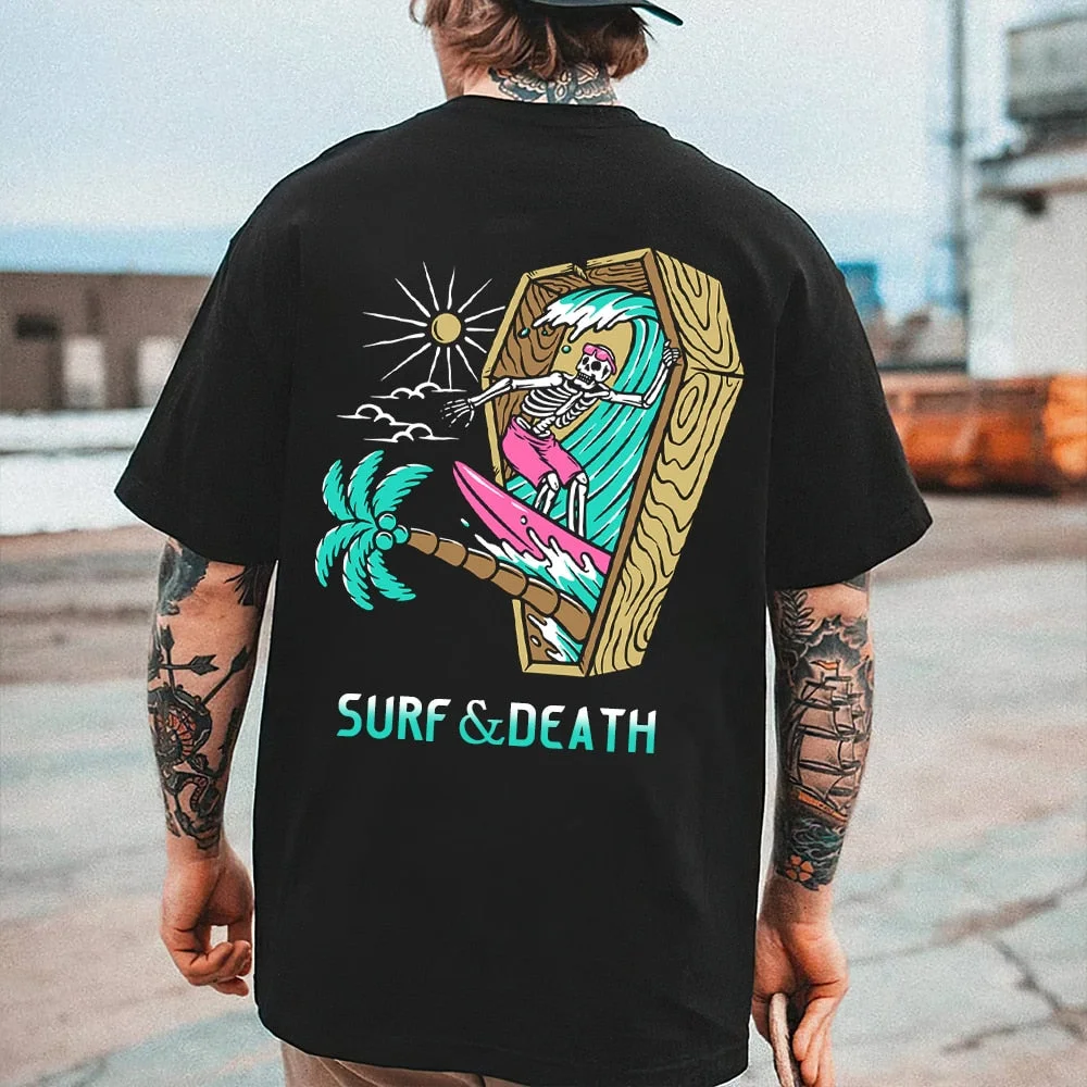 SURF & DEATH Tropical Skeleton Black Print T-Shirt