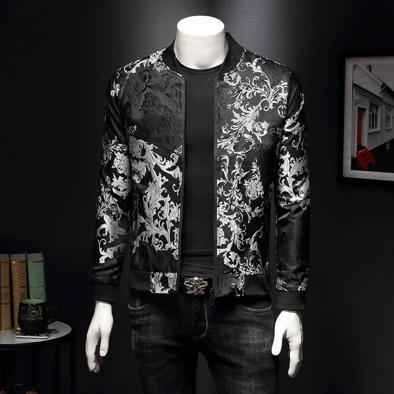 Woherb Fashion Men's Floral Jackets Embroidery Flower Stylish Bomber ...