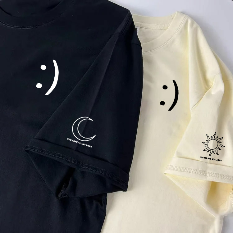 Couple Custom Smiley Printed Matching T-shirt with Printed Sleeves ...