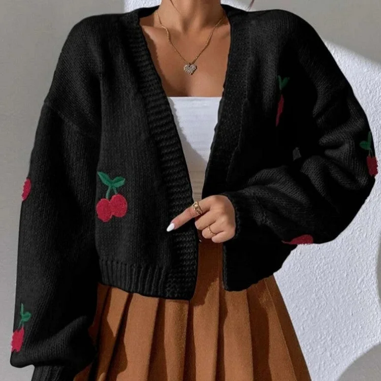 Loose Fit Embroidered Knit Cardigan Without Buttons