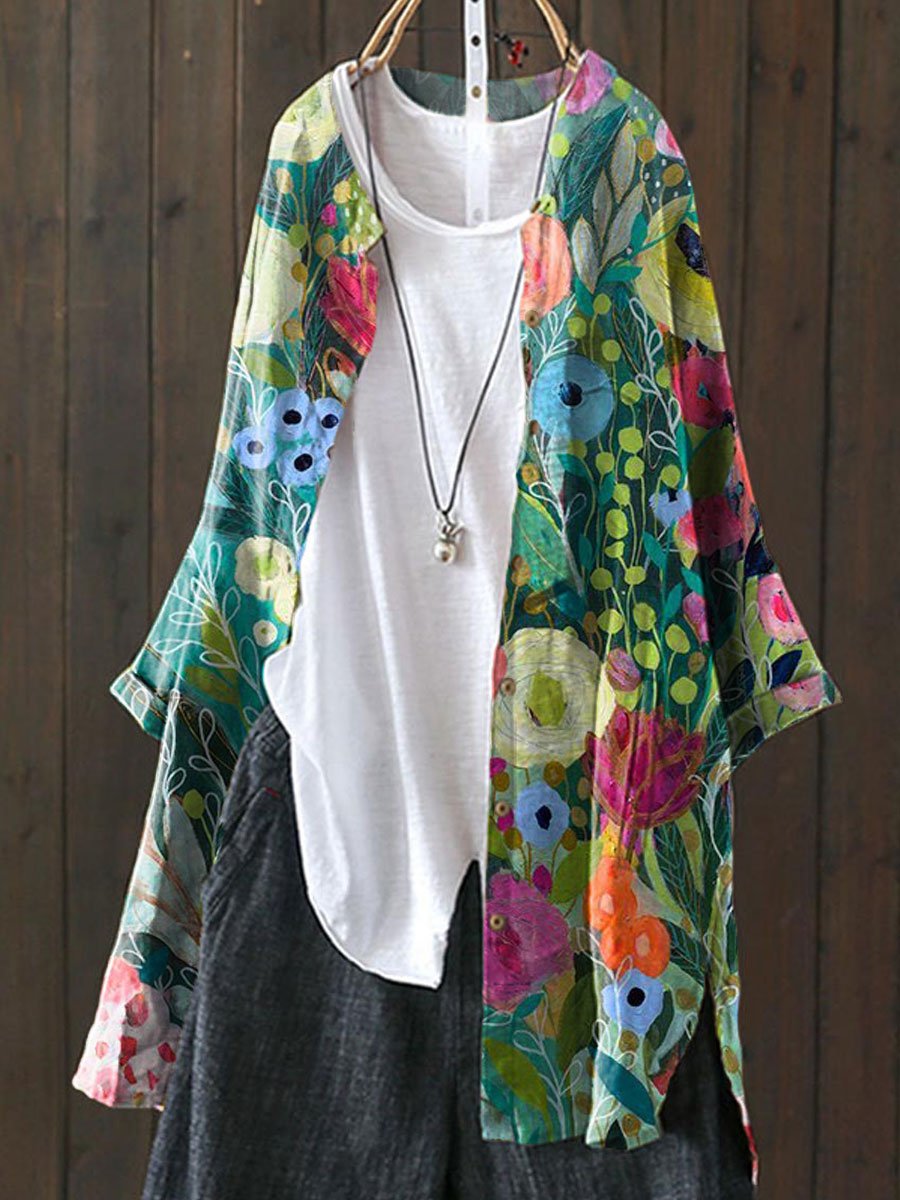 Women's Flower Print Loose Casual Top Jacket