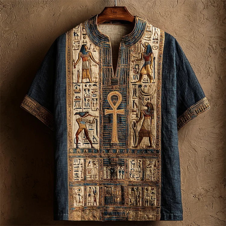 Ankh Ancient Egyptian Gods & Runes Patchwork Linen Shirt