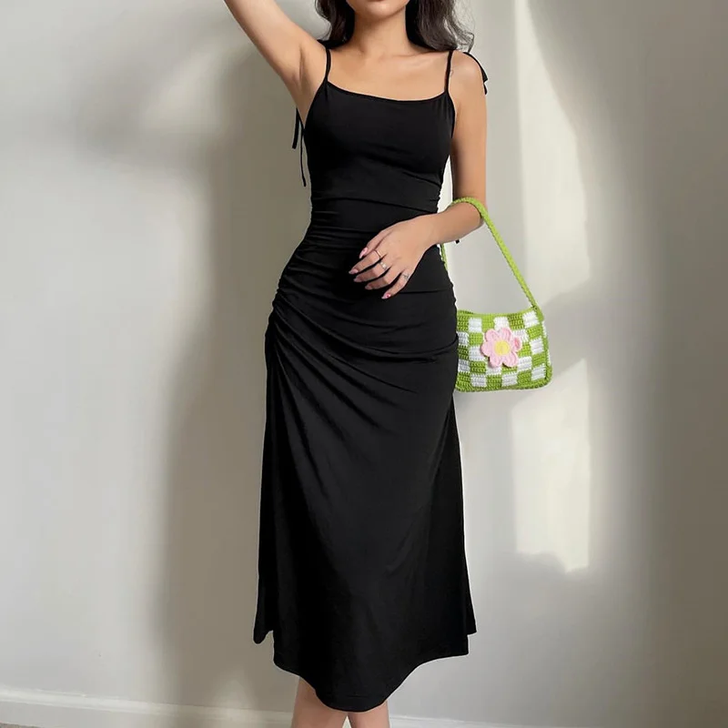 Woherb Woherb New Black Slip Dress Women's Side Waist Small Draw ...