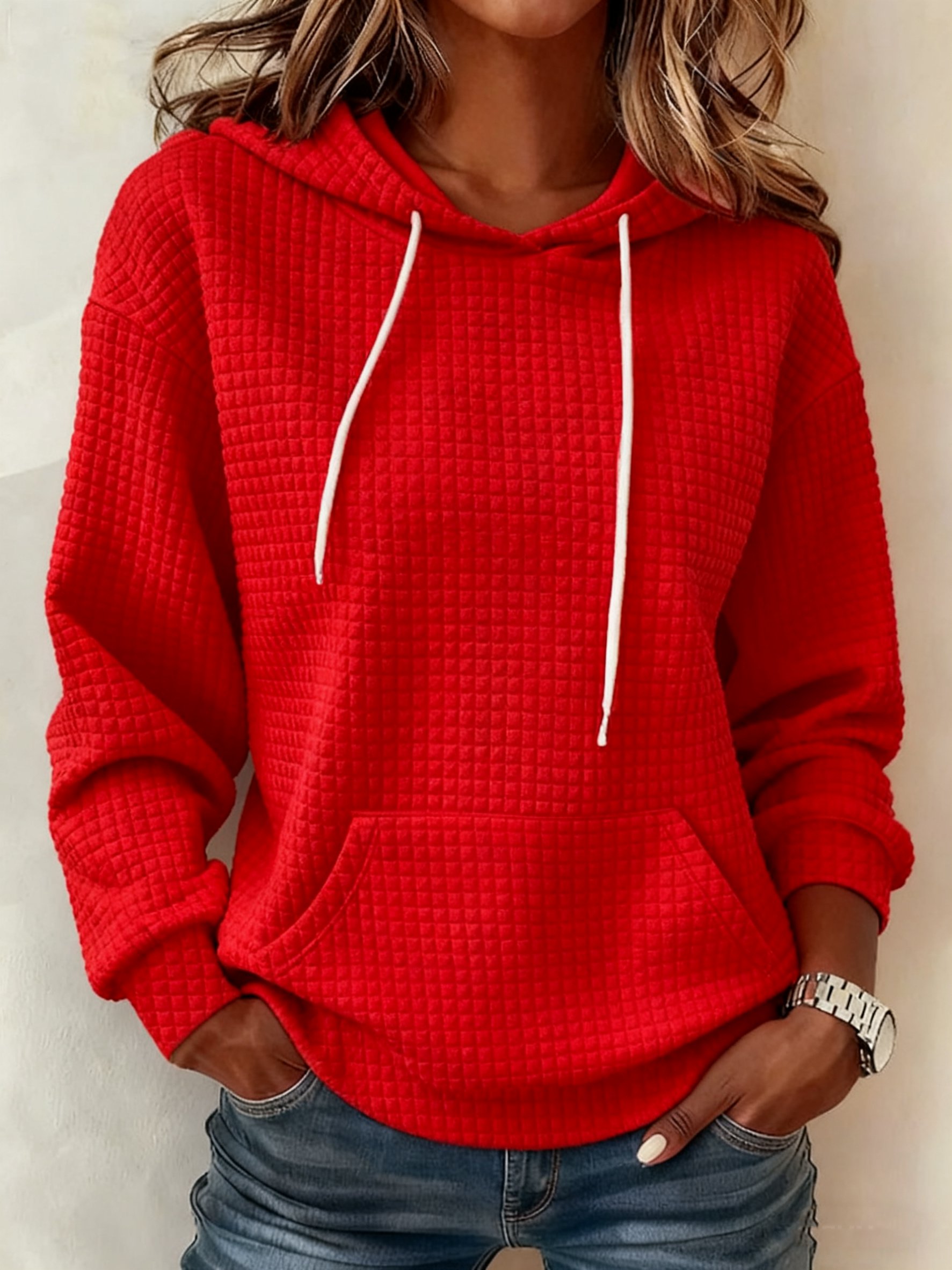Women's Casual Checkered Fabric Hooded Sweatshirt