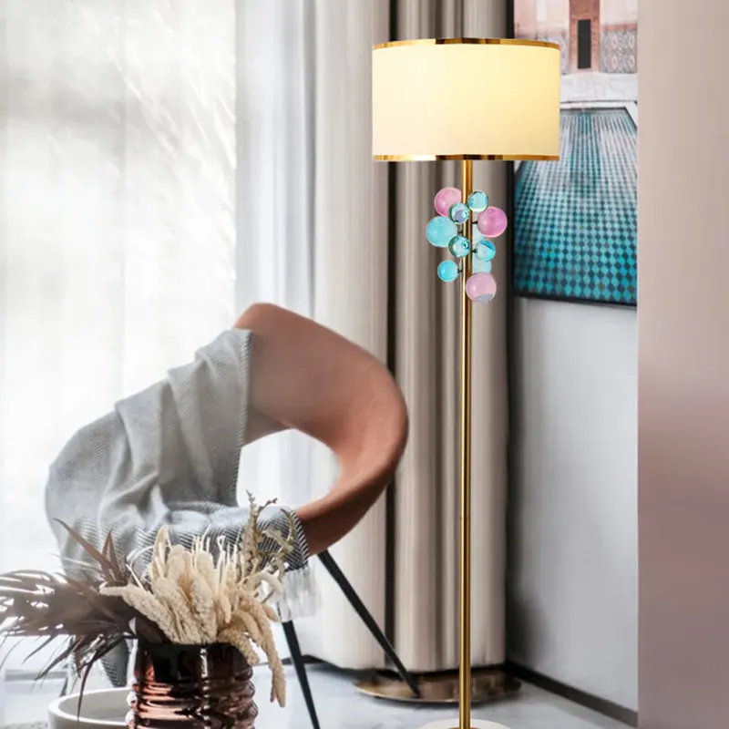 Traditional Fabric Round Shade Floor Standing Lamp with Crystal Orbs