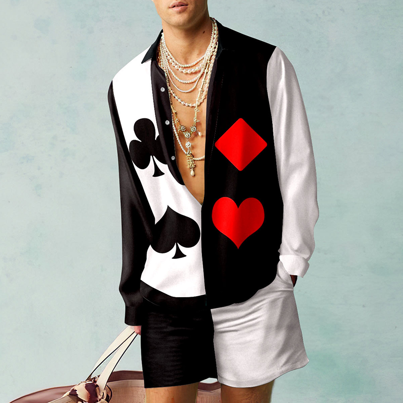 Funbibi Men's Card Black And White Color Matching Shirt And Shorts Co-Ord