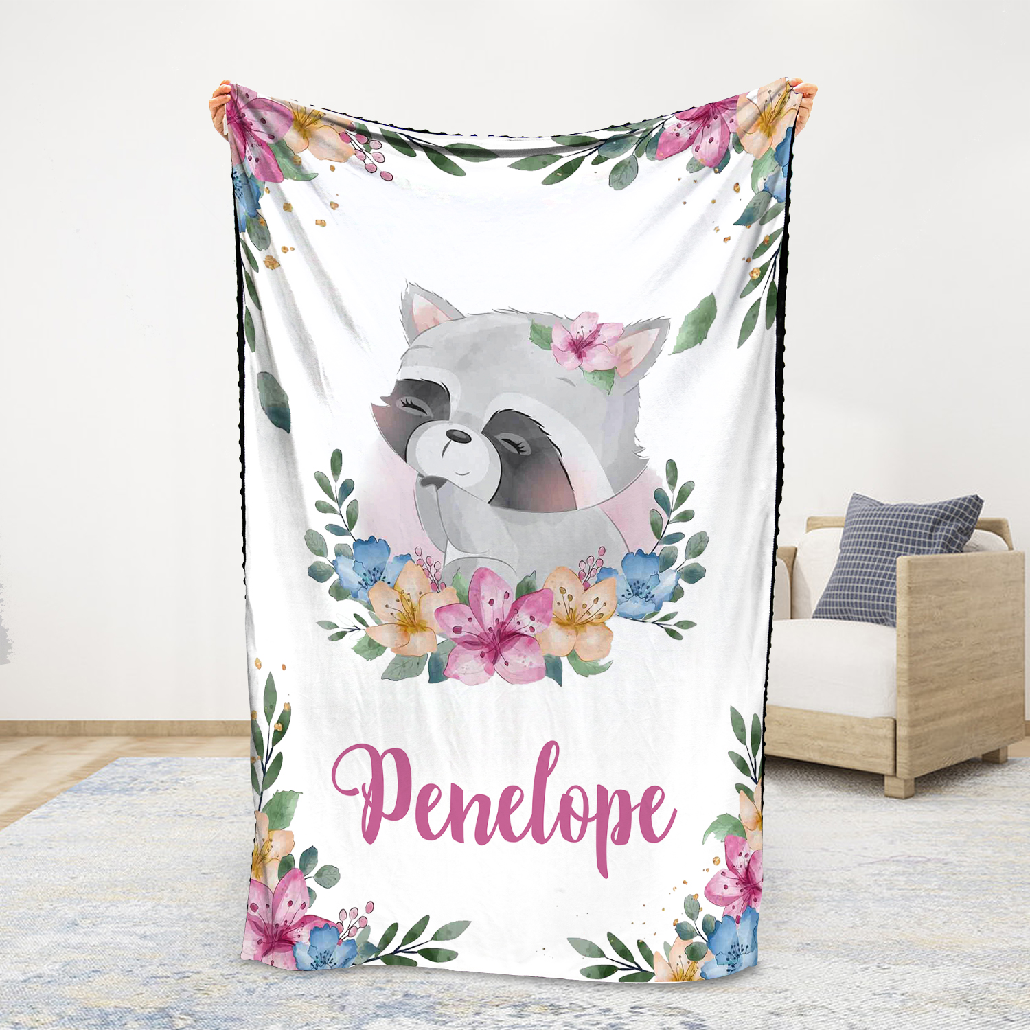 Personalized Raccoon Blanket Custom Name Cute Cartoon Blanket