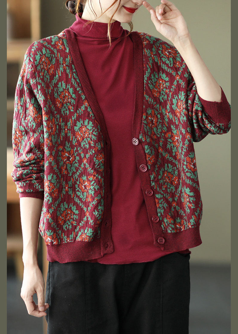 FineGina Mulberry Print Knit Loose Cardigan V Neck Button Spring