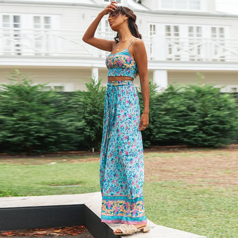 Aqua Floral Crop Top and Pants Matching Sets