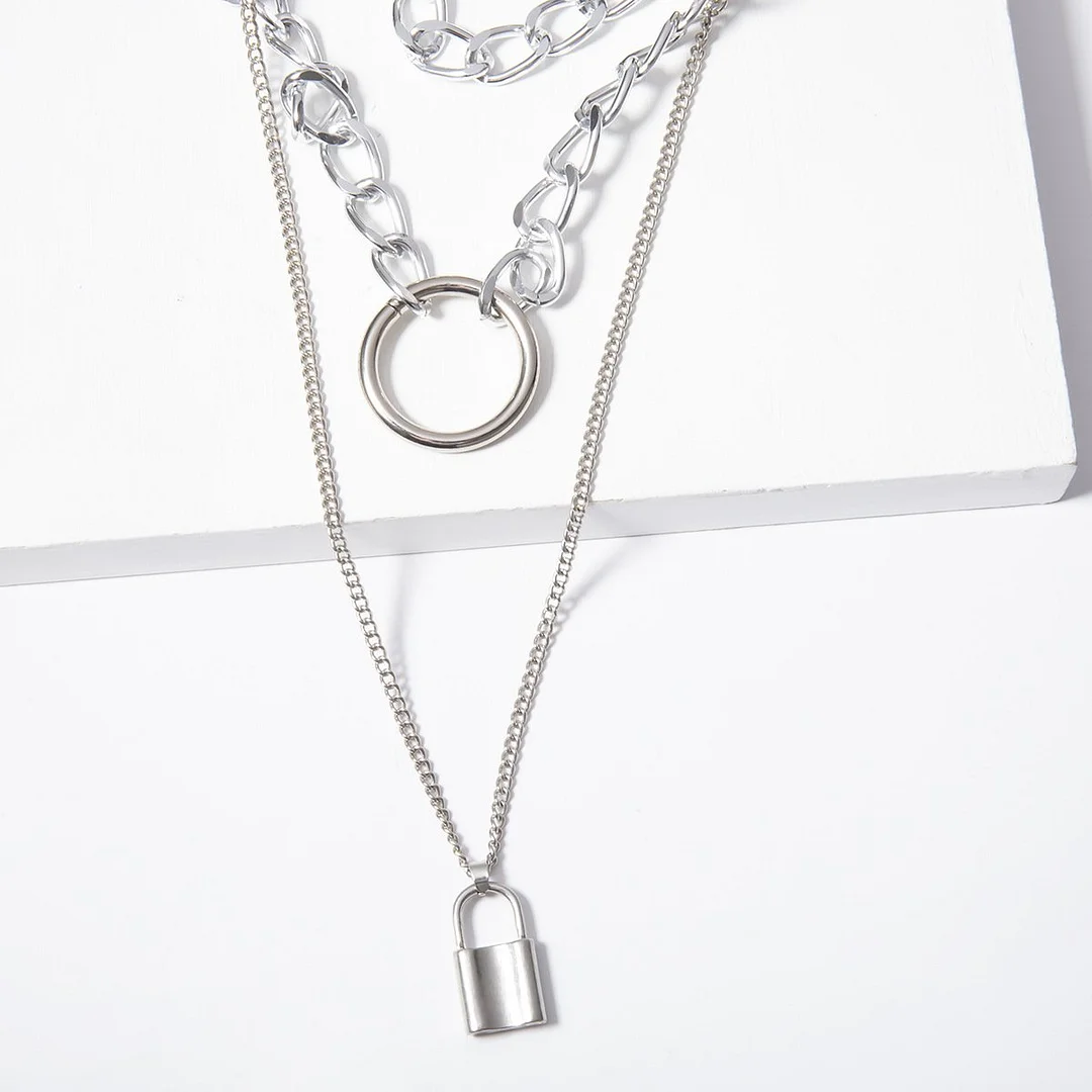 PU BELT CHAIN LOCK LAYERED NECKLACE
