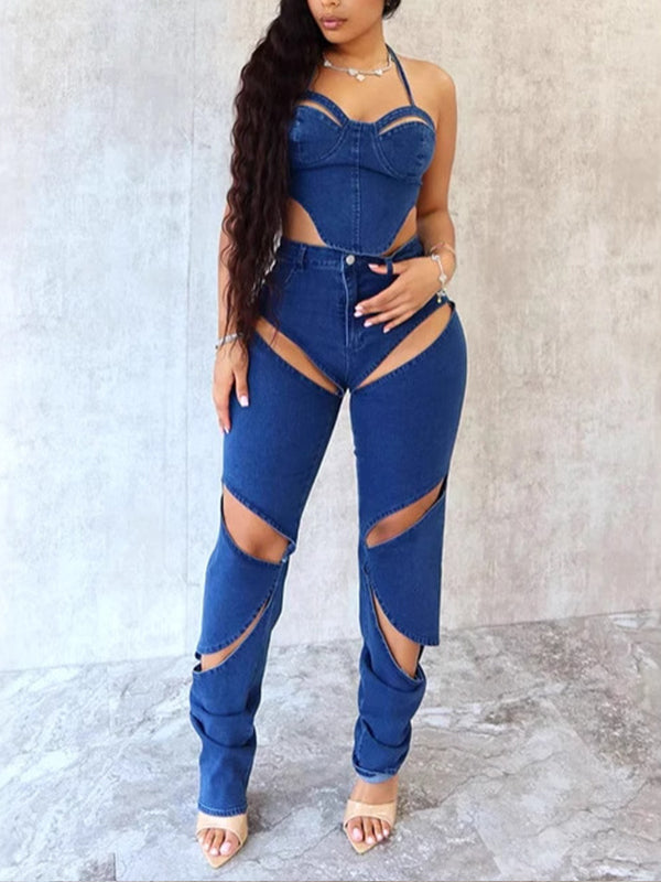 Denim Halter Top & Cutout Jeans Set