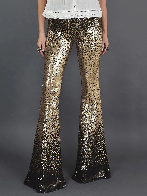 Chic Flared and Skinny Contrast Gradient Sequined Shiny Pants