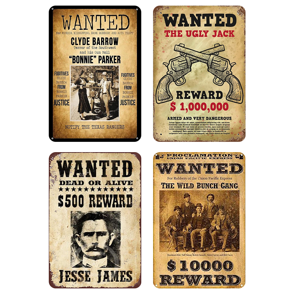 4PCS Wanted - Vintage Metal Signs Set - 20*30cm - Western&Movie&Warning