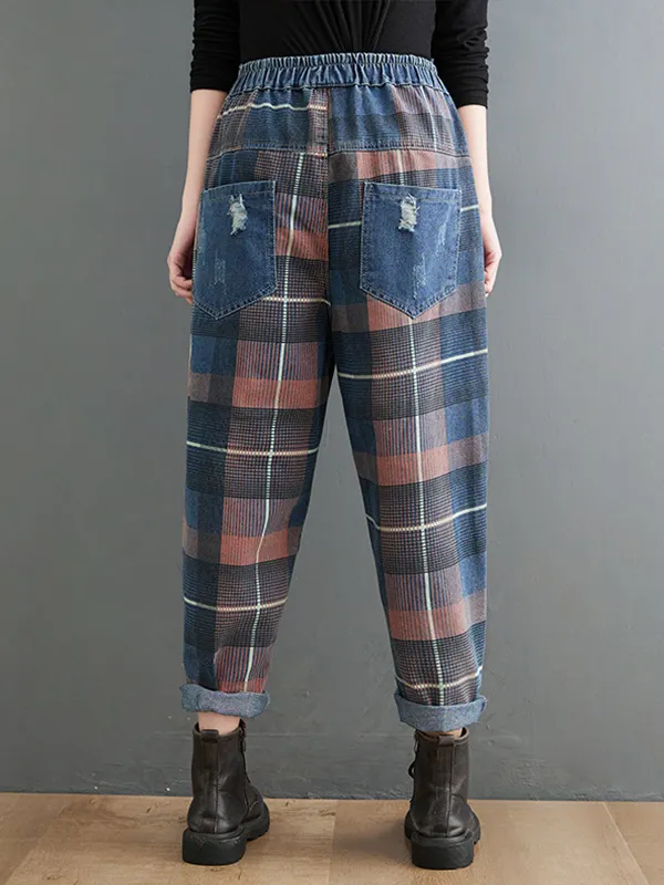 Timeless Creativity: Original Retro Plaid Jean Pants with Artistic Flair