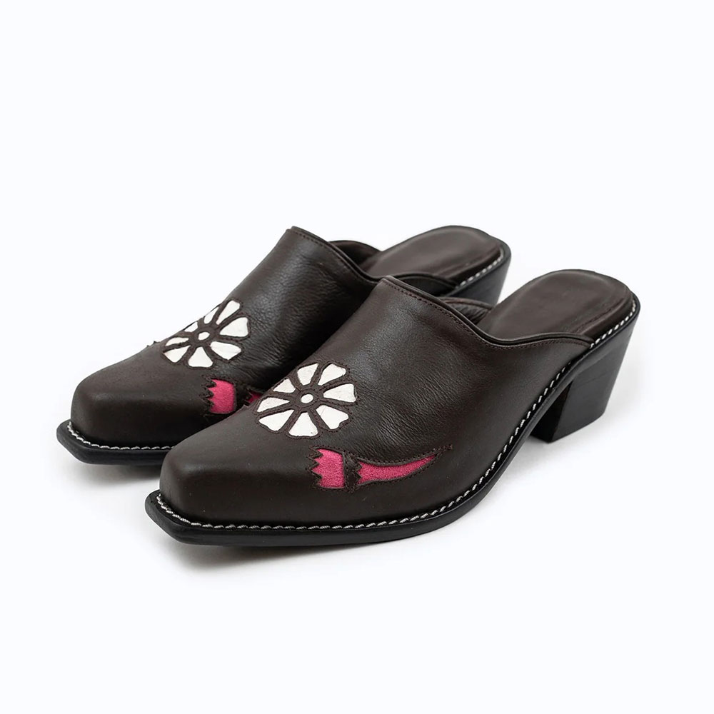 Chocolate Brown Square Toe Block Heel Floral Western Mules for Women