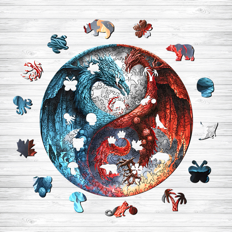 Fighting Red and Blue Dragon Wooden Jigsaw Puzzle