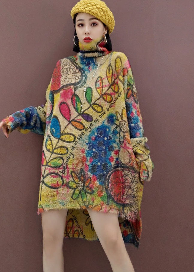 Leaves Print loose Knit Dresses side open