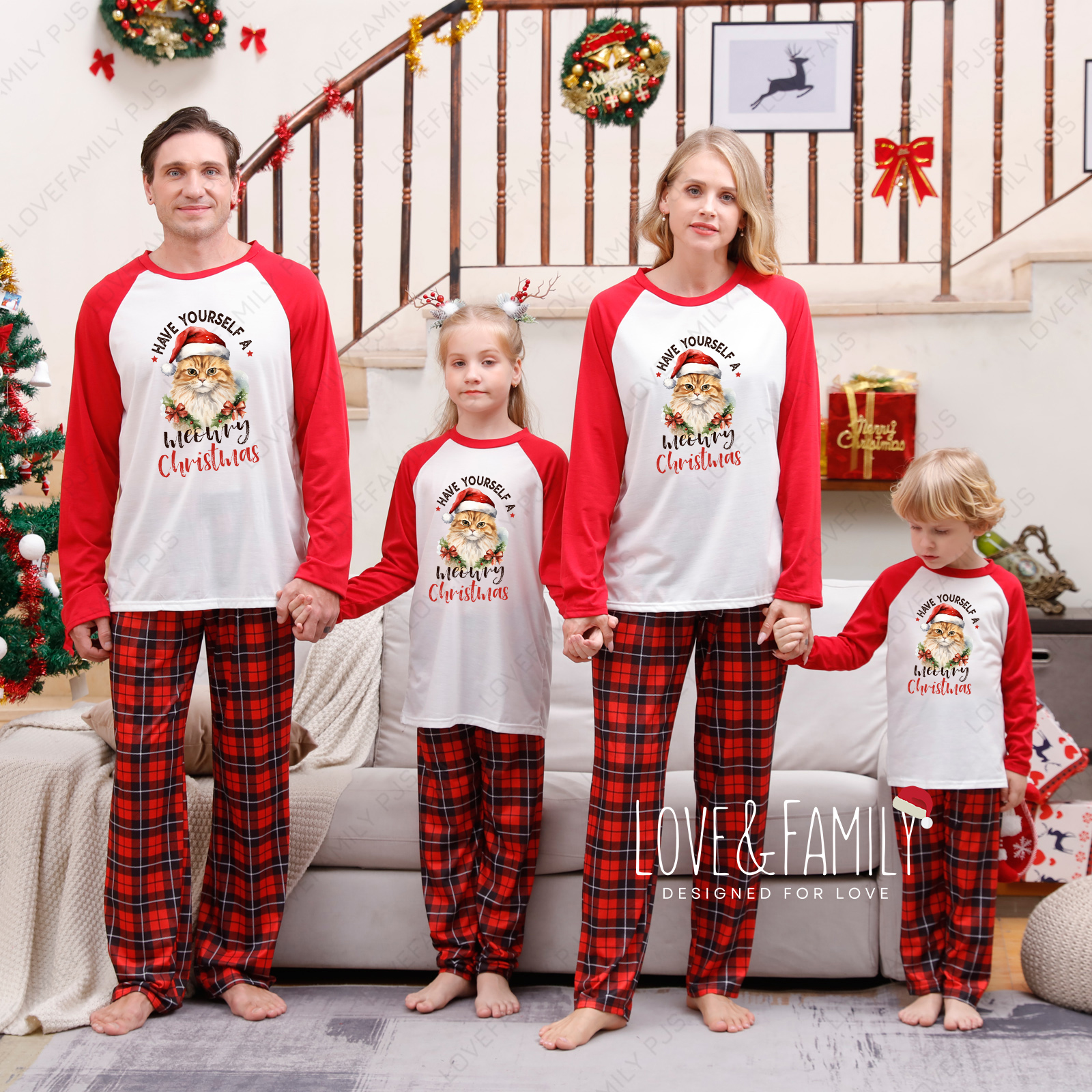 Christmas Cat Print Family Matching Pajamas Red Plaids PJs Sets