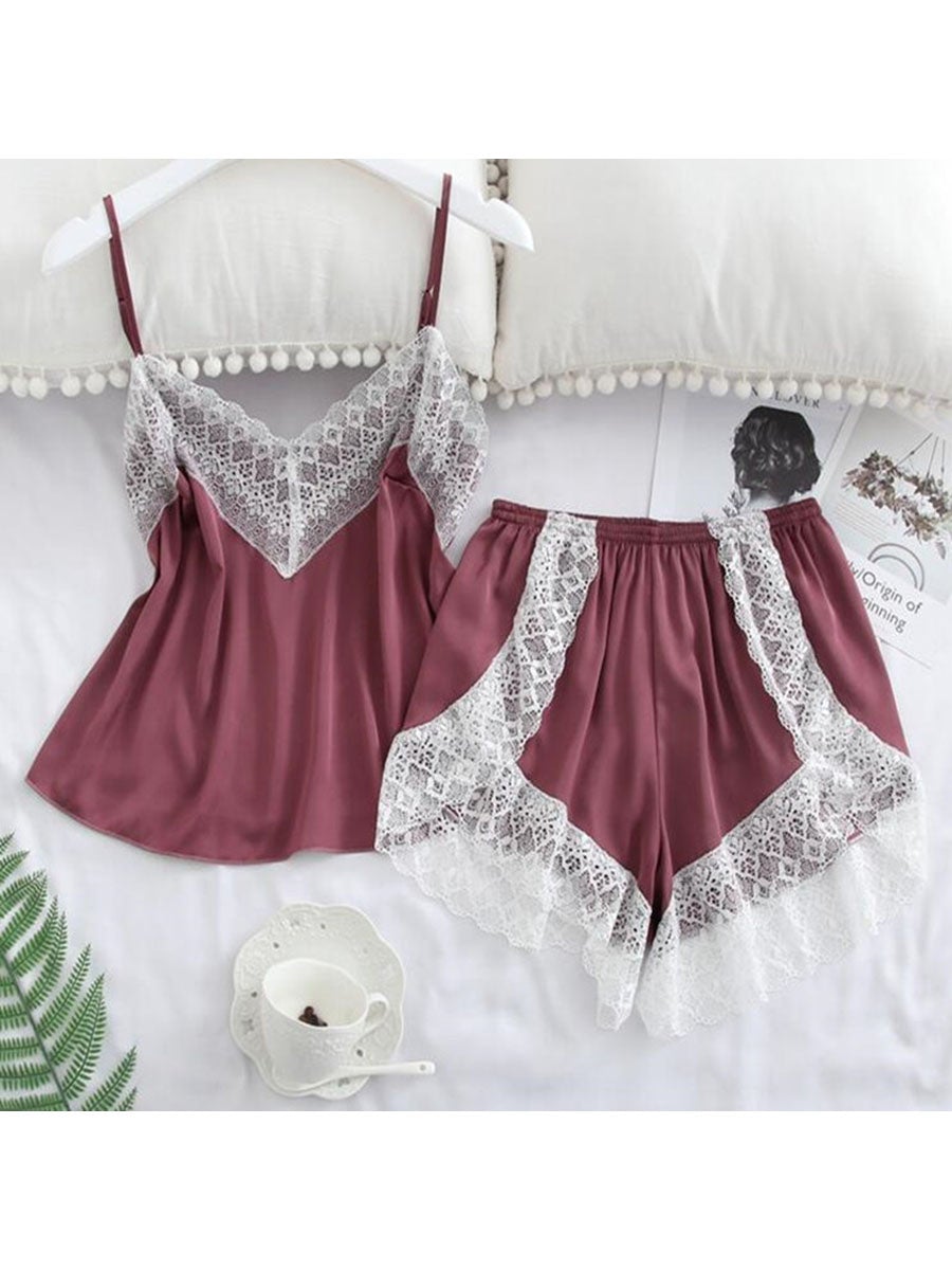 Cute Cami Top and Shorts Satin Lace V-Neck Pajama Set