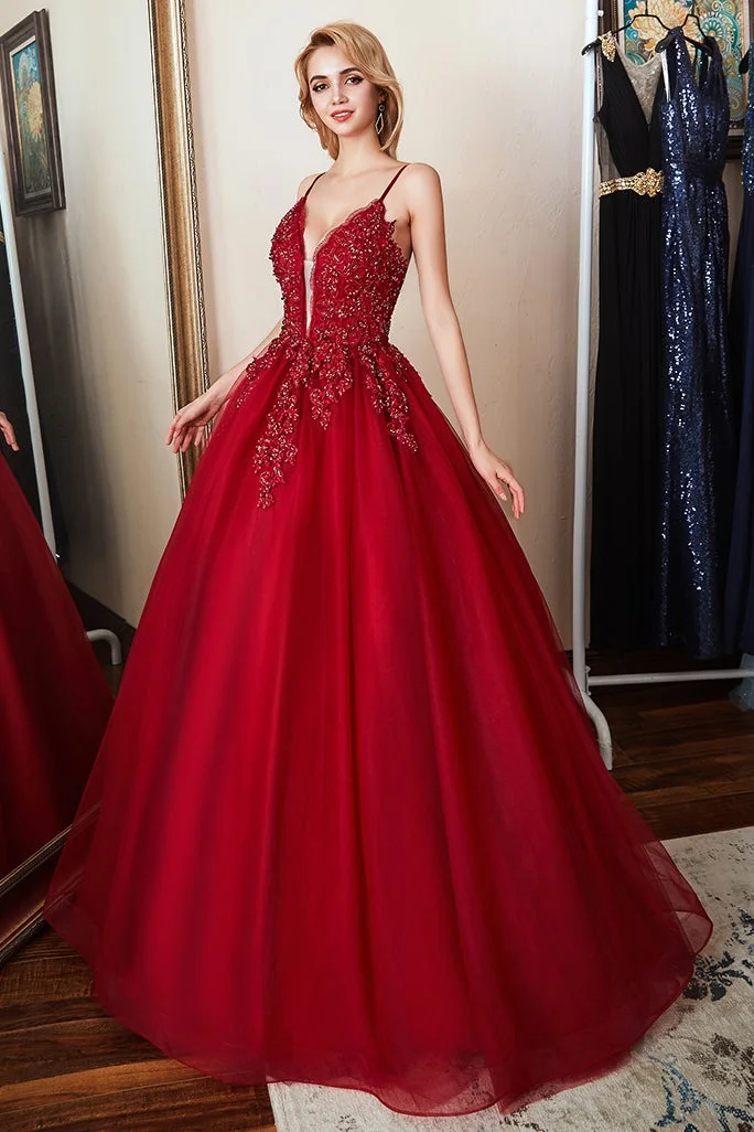 Daisda Spaghetti-Straps Prom Dress Red With Appliques