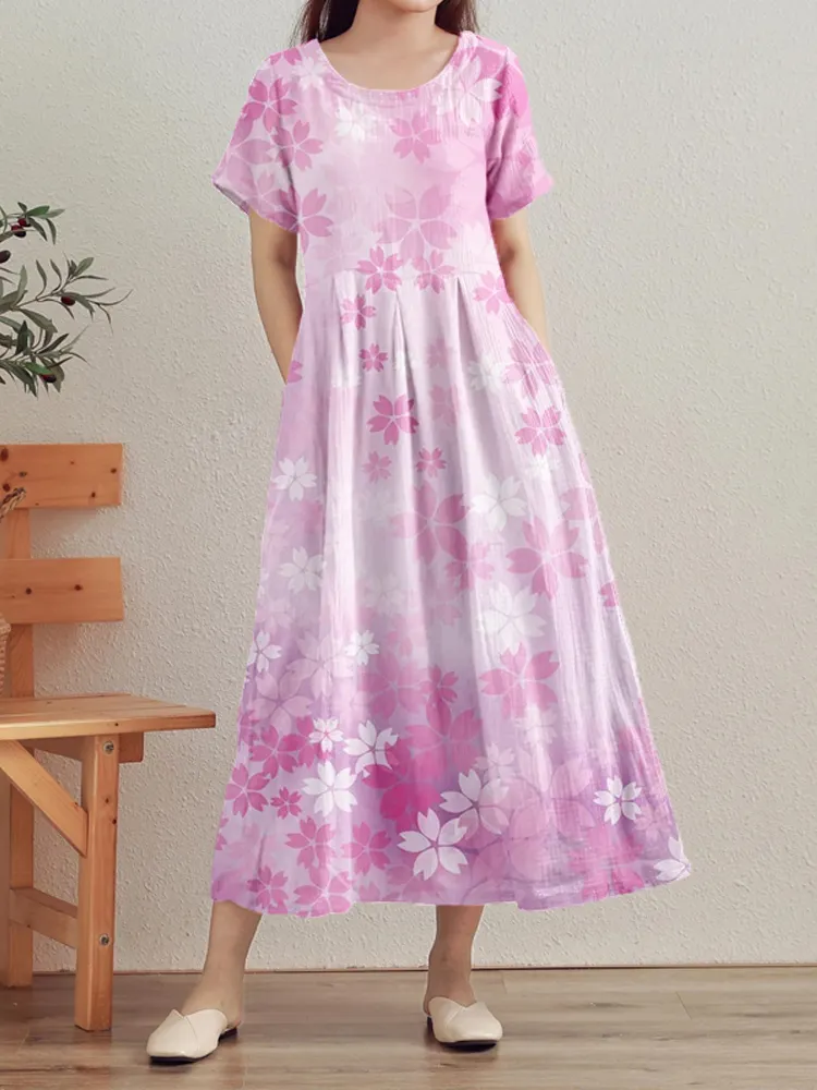 Japanese Cherry Blossom Pattern Linen Maxi Dress