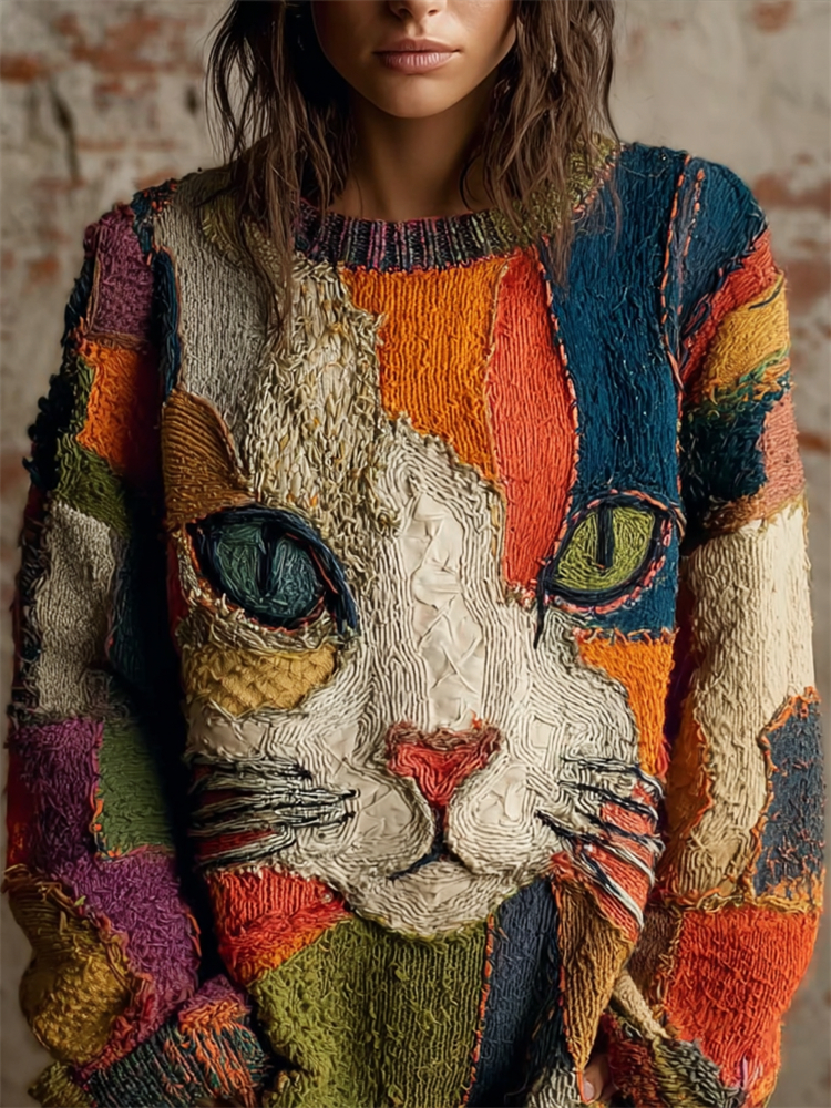 Vintage Abstract Cat Face Colorblock Patchwork Cozy Knit Sweater