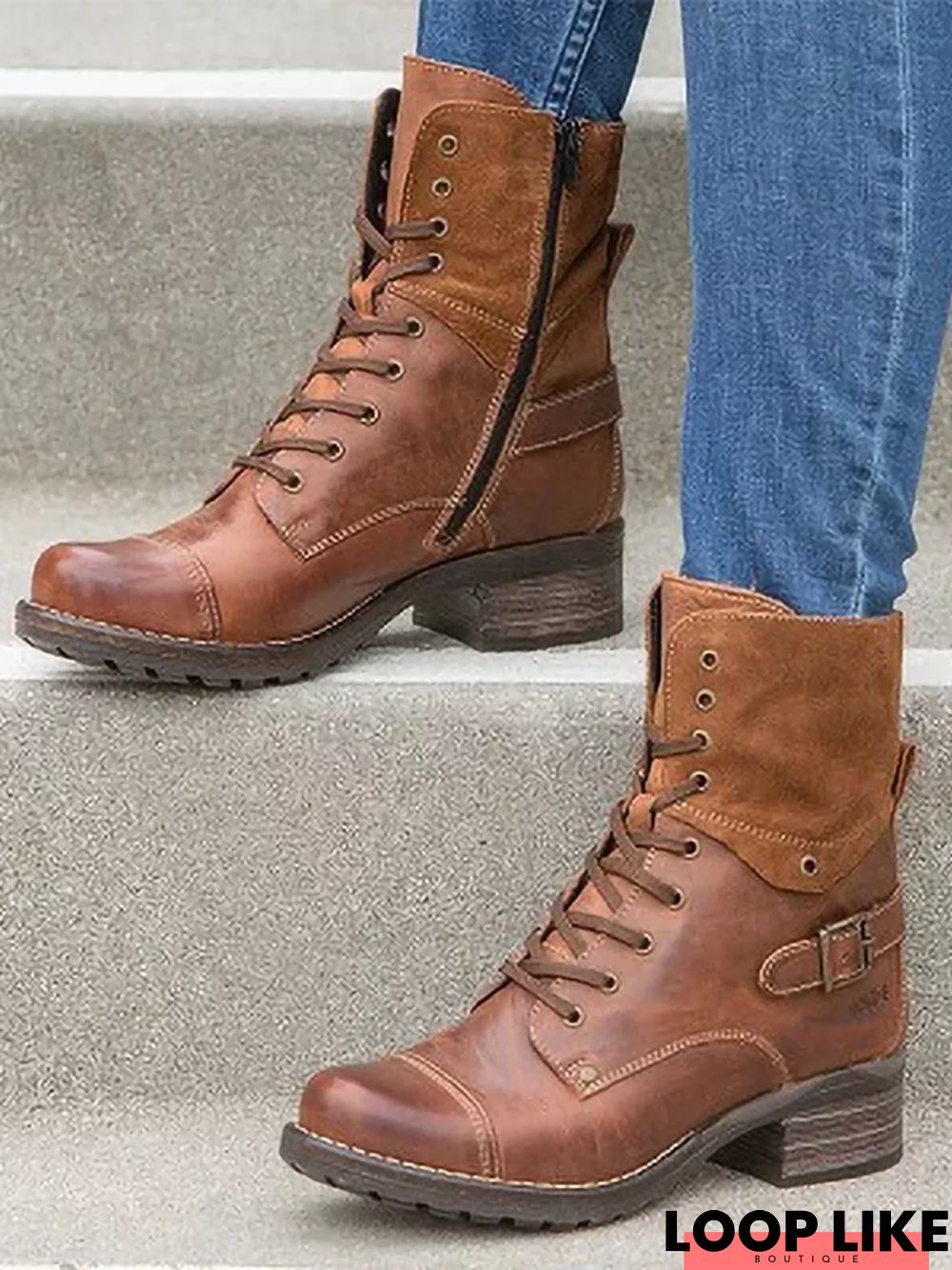 Retro Stitching Lace-up Zipper Boots