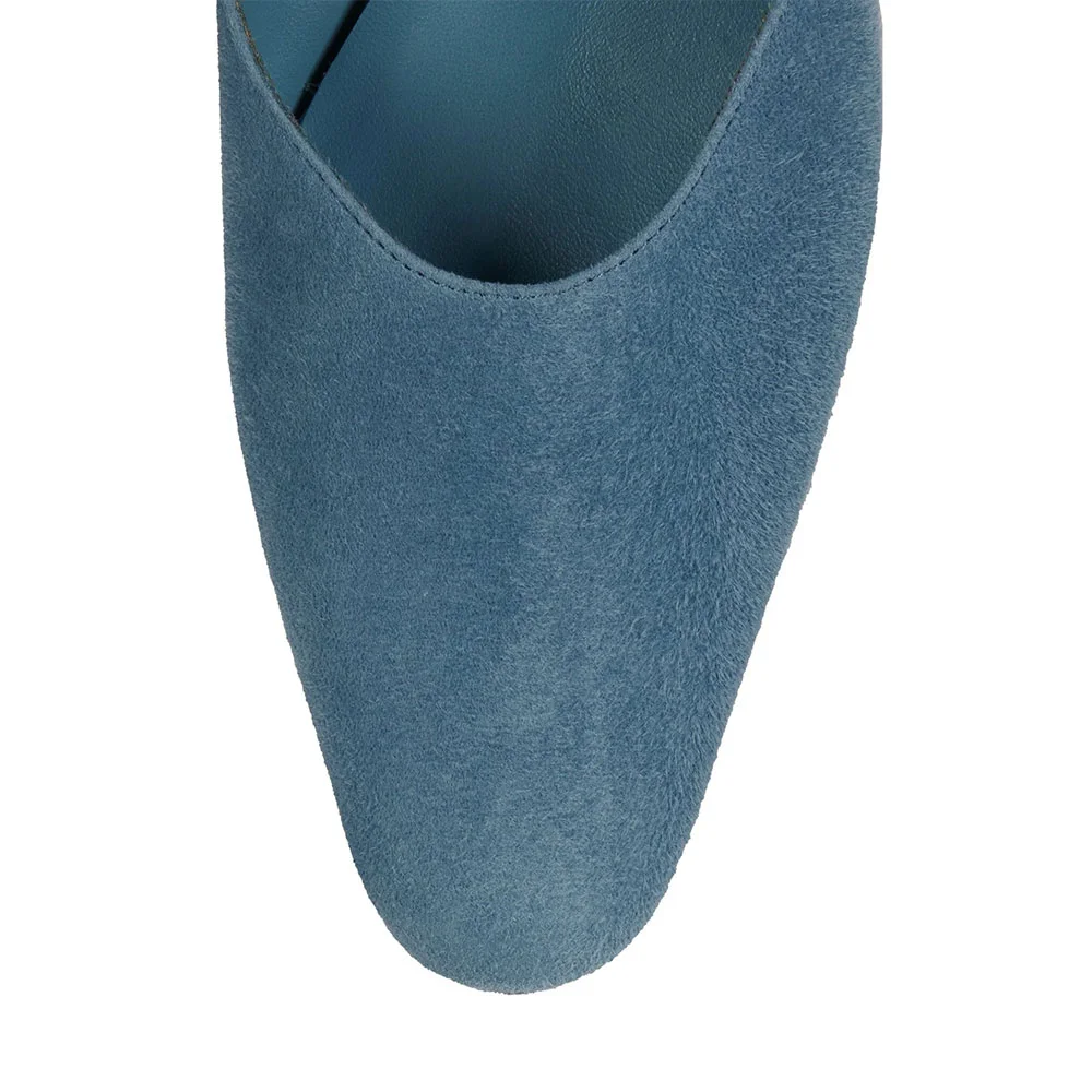 Blue Vegan Suede Low Block Heel Slip On Closed Toe Mules for Women