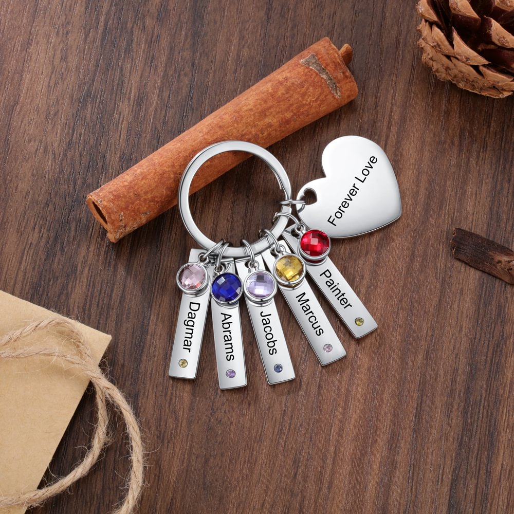 Personalized Heart Keychain with Birthstones Engraved 4 Names Family ...