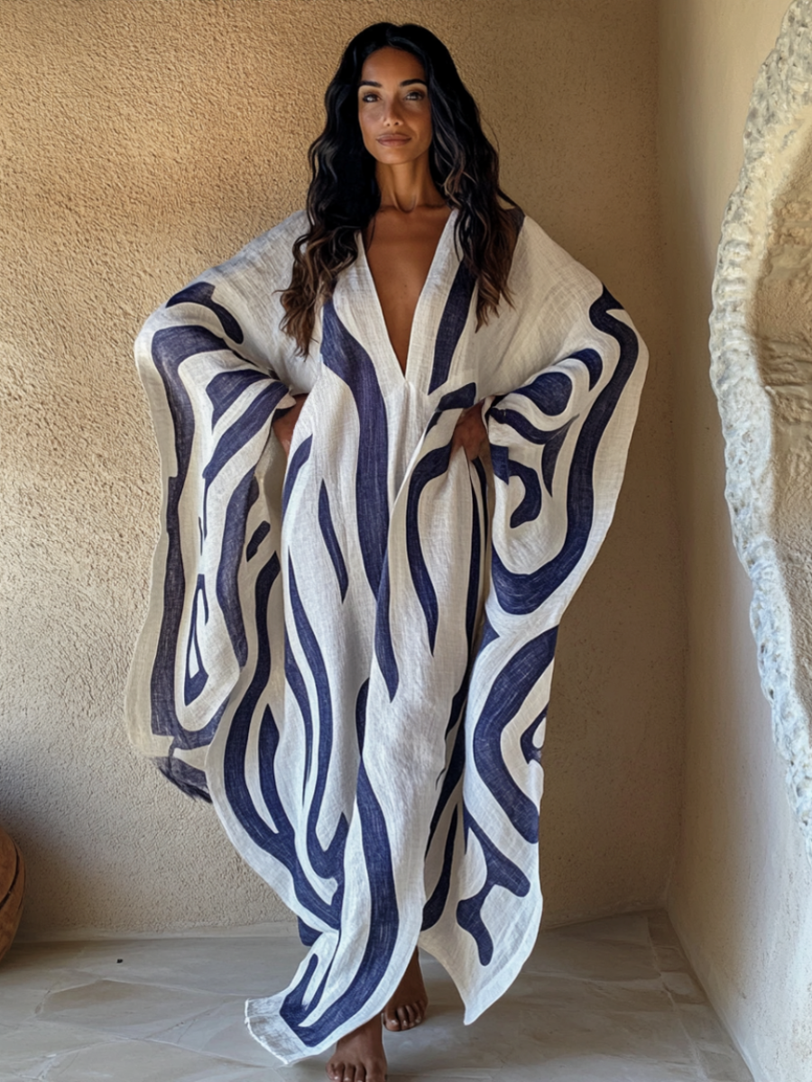 Women's Paintbrush Symphony Art Blue-White Linen V-Neck Long Gown